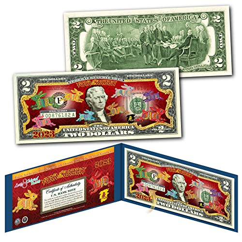 2023 Chinese Lunar New Year Year of The Rabbit Polychrome Uncirculated Two Dollar Bill Special Edition Collectible Display Blue Folio