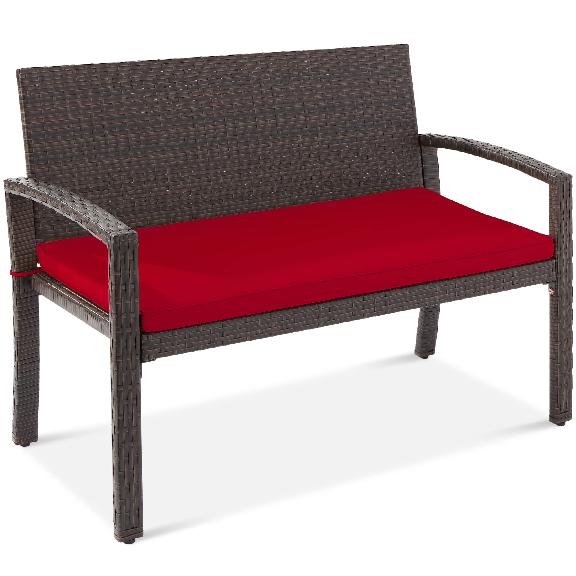 Best Choice Products Outdoor Bench 2-Person Wicker Garden Patio Benches Seating Furniture for Backyard, Porch w/Seat Cushion, 700lb Capacity - Brown/Red