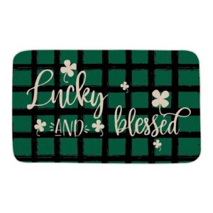 onway st patricks day buffalo plaid door mat lucky clover blessed doormat spring st patricks farmhouse decorative low-profile floor rug switch mat for home indoor outdoor decorations 29x17 inch