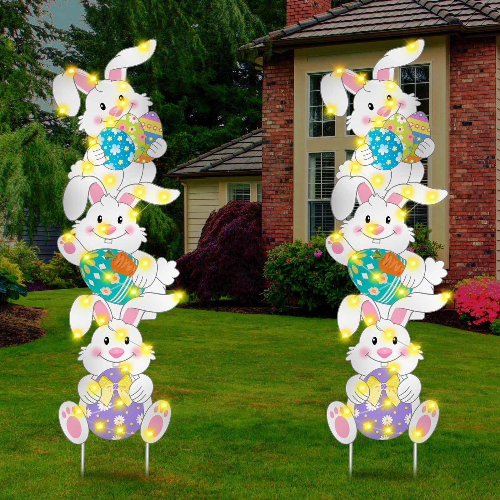 2 Sets Tumbling Bunnies Yard Stakes 43.3 Inch Outdoor Easter Decorations Corrugated Plastic Funny Easter Yard Signs with 2 Warm LED String Lights 6 Stakes for Easter Outdoor Lawn Garden Decorations