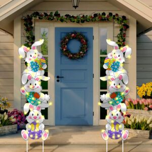 2 Sets Tumbling Bunnies Yard Stakes 43.3 Inch Outdoor Easter Decorations Corrugated Plastic Funny Easter Yard Signs with 2 Warm LED String Lights 6 Stakes for Easter Outdoor Lawn Garden Decorations