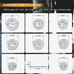 Aluminum Stop Collar Set Drill Bit Depth Stop Split Ring (1/2", 7/16”, 3/8”, 5/16”,1/4”, 7/32”, 3/16”, 1/8”) W/Included Drill Bit Holder