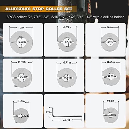 Aluminum Stop Collar Set Drill Bit Depth Stop Split Ring (1/2", 7/16”, 3/8”, 5/16”,1/4”, 7/32”, 3/16”, 1/8”) W/Included Drill Bit Holder