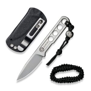 civivi circulus fixed blade knife, 1.96" cutting edge stonewashed 10cr15comov steel with a black kydex sheath, a nylon lanyard with titanium bead c22012-2