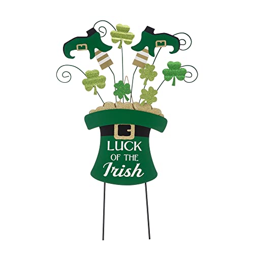 Glitzhome 31.5"H St. Patrick's Leprechaun Belt Yard Signs with Stakes, Wooden Door Wall Hanging Decor Interchangeable for Home Party Yard Lawn Patio Outdoor