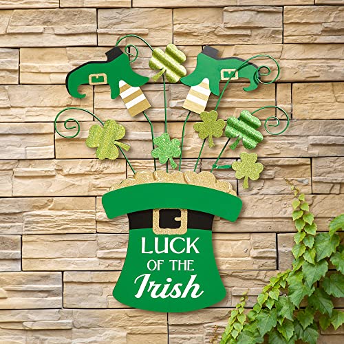 Glitzhome 31.5"H St. Patrick's Leprechaun Belt Yard Signs with Stakes, Wooden Door Wall Hanging Decor Interchangeable for Home Party Yard Lawn Patio Outdoor