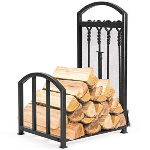 Tangkula Firewood Log Rack with 4 Tools Set, Fire Log Holder Storage Set with Brush, Shovel, Poker and Tongs, Fireplace Log Rack with Kindling Holders for Indoors and Outdoors