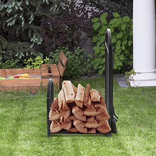 Tangkula Firewood Log Rack with 4 Tools Set, Fire Log Holder Storage Set with Brush, Shovel, Poker and Tongs, Fireplace Log Rack with Kindling Holders for Indoors and Outdoors