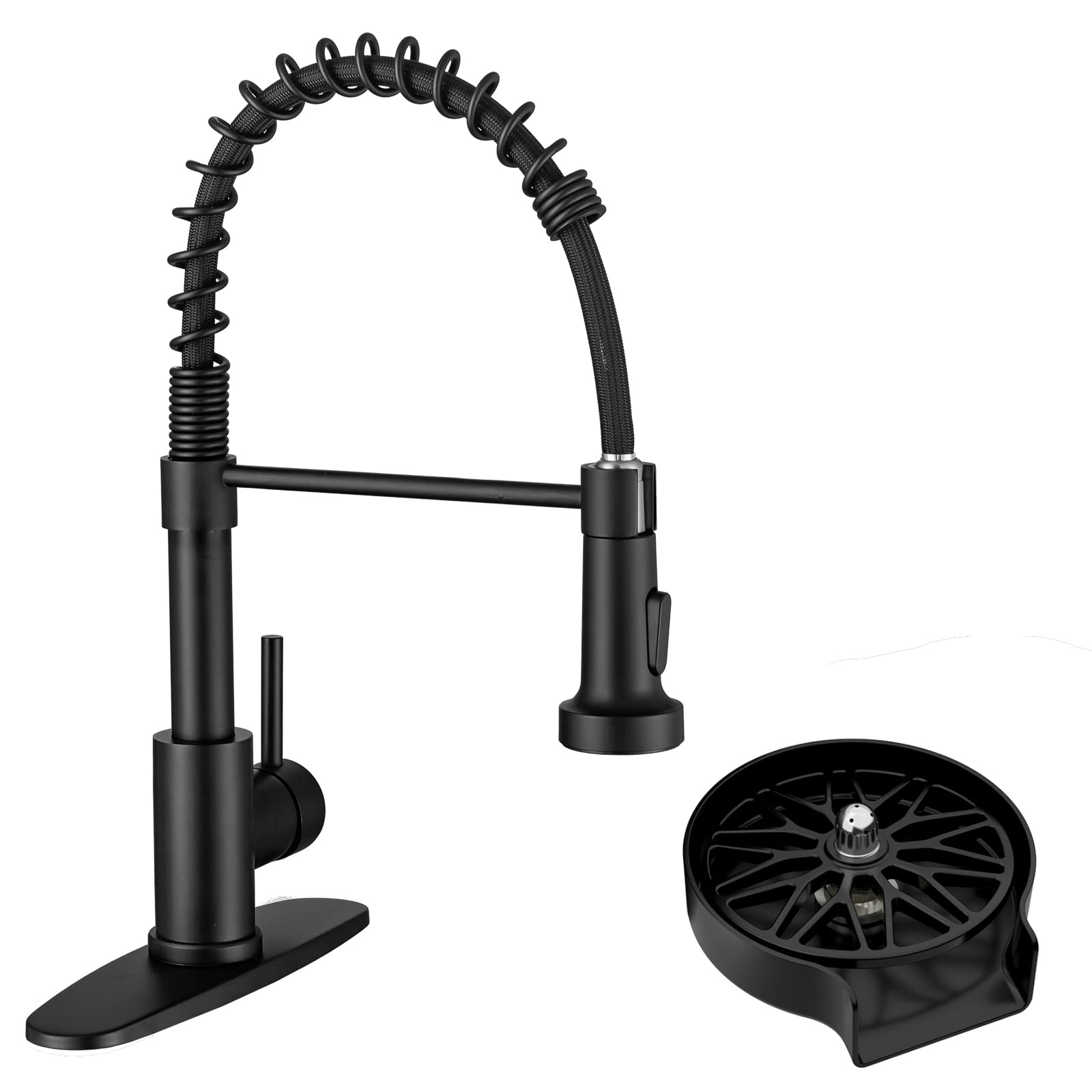 WEWE Kitchen Faucets with Pull Down Sprayer Commercial Industrial Stainless Steel Single Handle Single Hole Spring with WEWE Black Glass Rinser