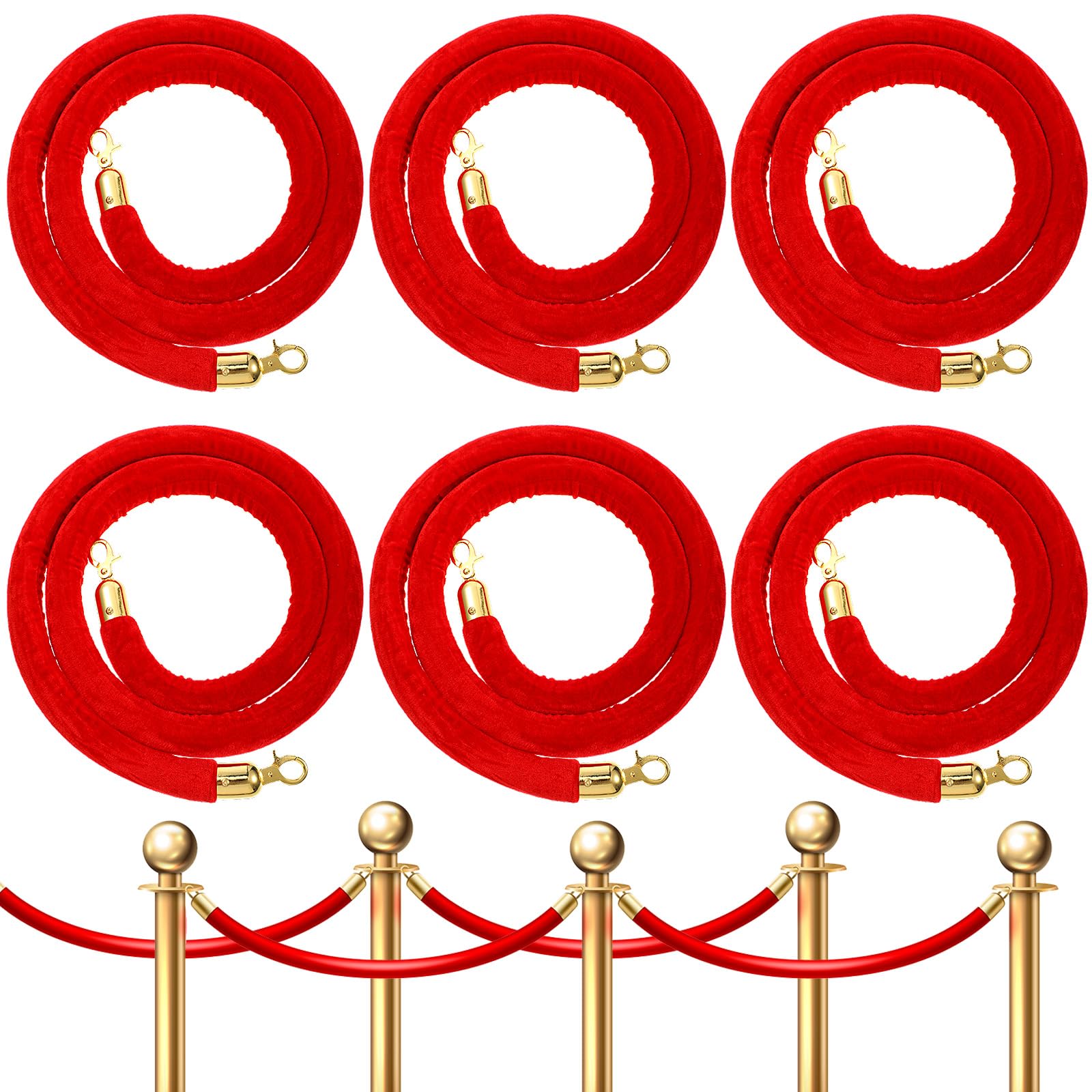 6 Pieces Velvet Stanchion Rope Bulk 6 Feet Crowd Control Barriers Safety Velvet Rope with Polished Gold Hooks for Movie Theaters Openings Hotels, Carpet, Party, Not Include Stanchion Post (Red)