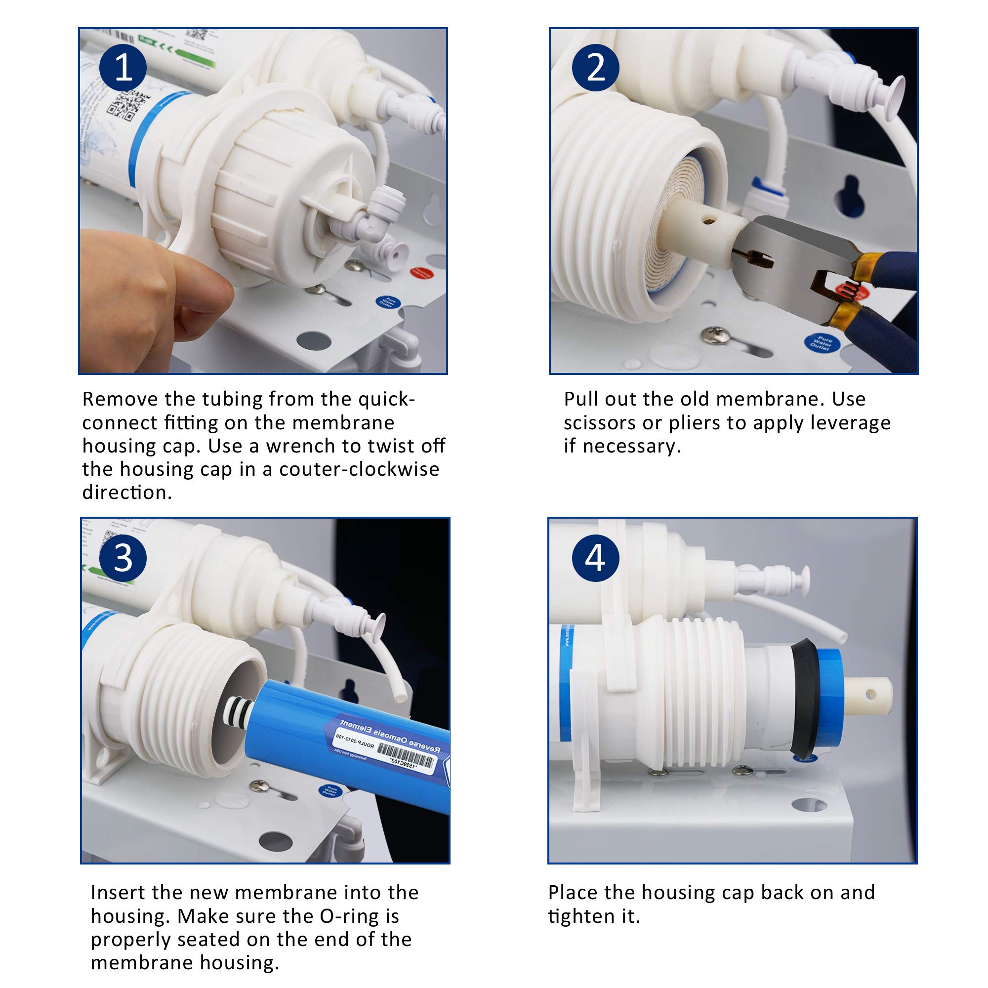 Membrane Solutions RO Membrane, Reverse Osmosis Membrane Replacement with Housing, Wrench, 1/4" Quick-Connect Fittings, Check Valve for Water Filter Purifier (50G with housing)