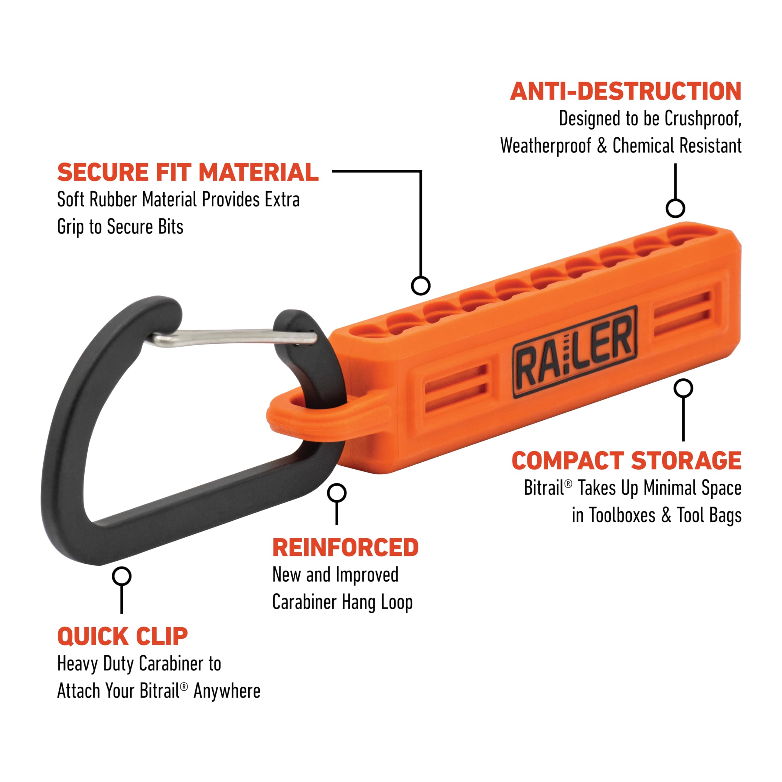 Screwdriver Bit Holder Storage Organizer – Railer 10-Hole Orange Bit Holder with Carabiner - 2 Pack