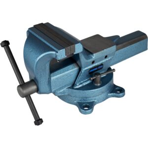 5" forged steel bench vise, 4 point swivel, 90,000 psi tensile strength forged steel, black oxide jaws, large machined anvil - fireball tool