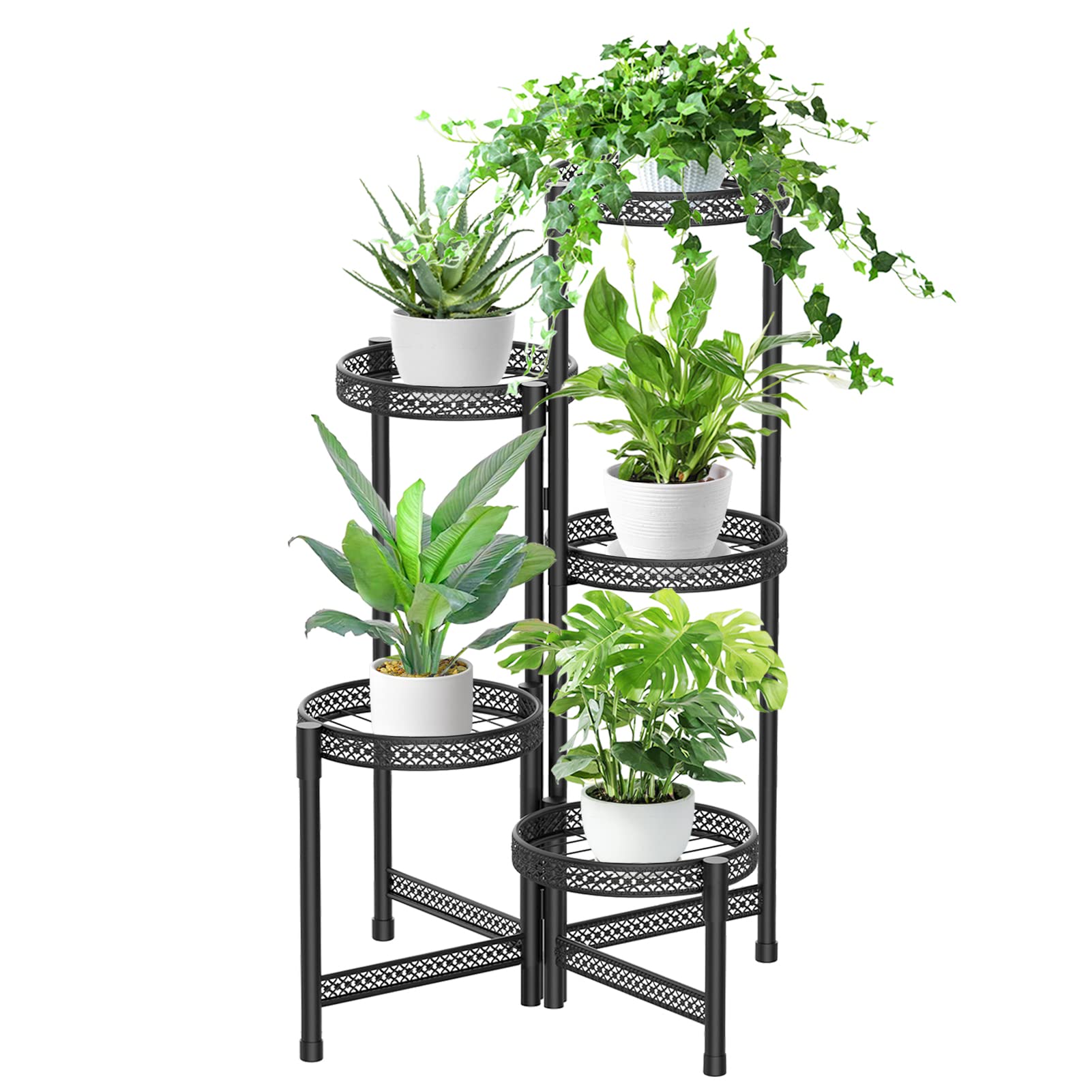 iDavosic.ly 5 Tier Metal Plant Stand for Indoor Outdoor, Foldable Corner Tall Plant Shelf Display Stand for Multiple Plants, Wrought Iron Flower Pot Holder for Living Room Balcony Garden Patio