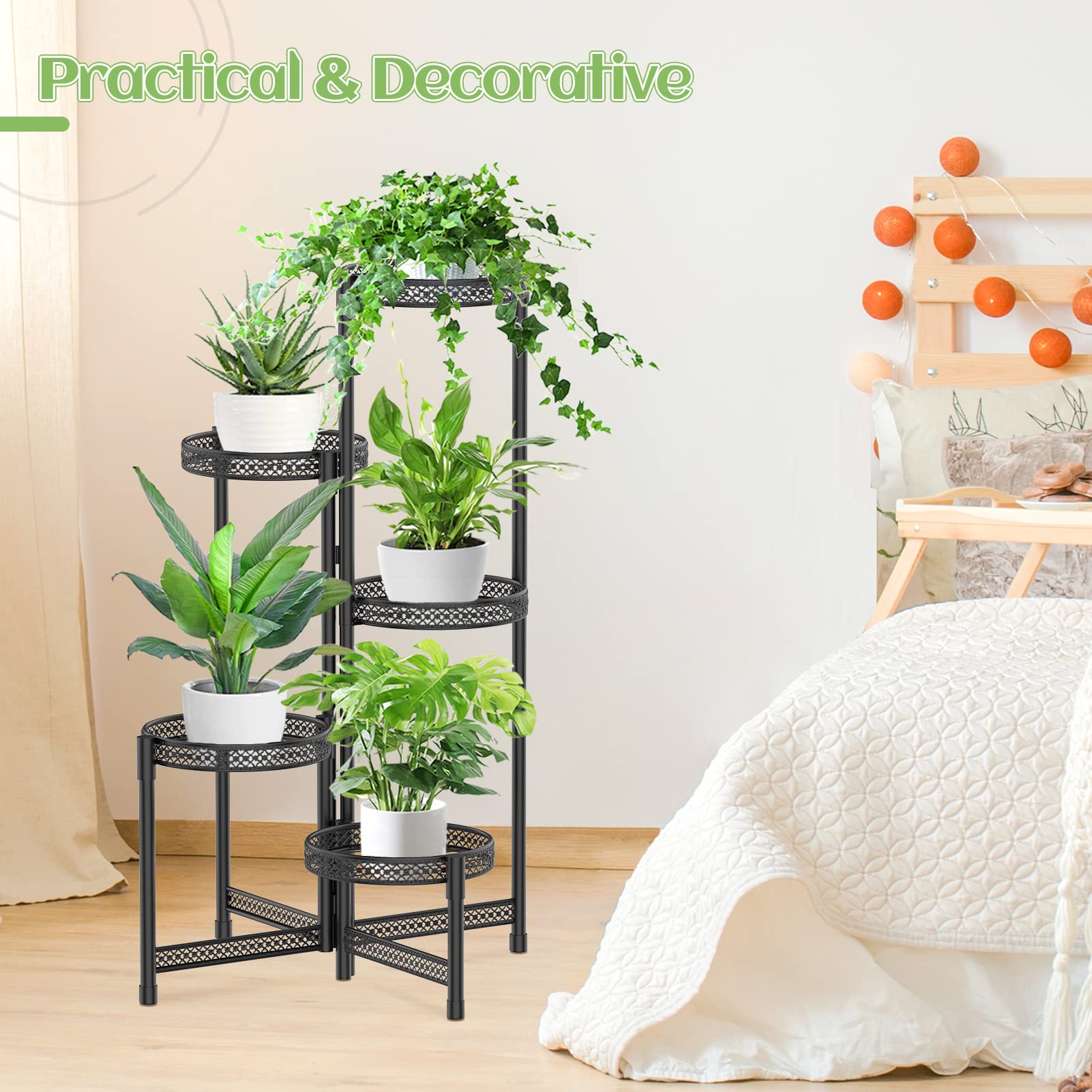 iDavosic.ly 5 Tier Metal Plant Stand for Indoor Outdoor, Foldable Corner Tall Plant Shelf Display Stand for Multiple Plants, Wrought Iron Flower Pot Holder for Living Room Balcony Garden Patio