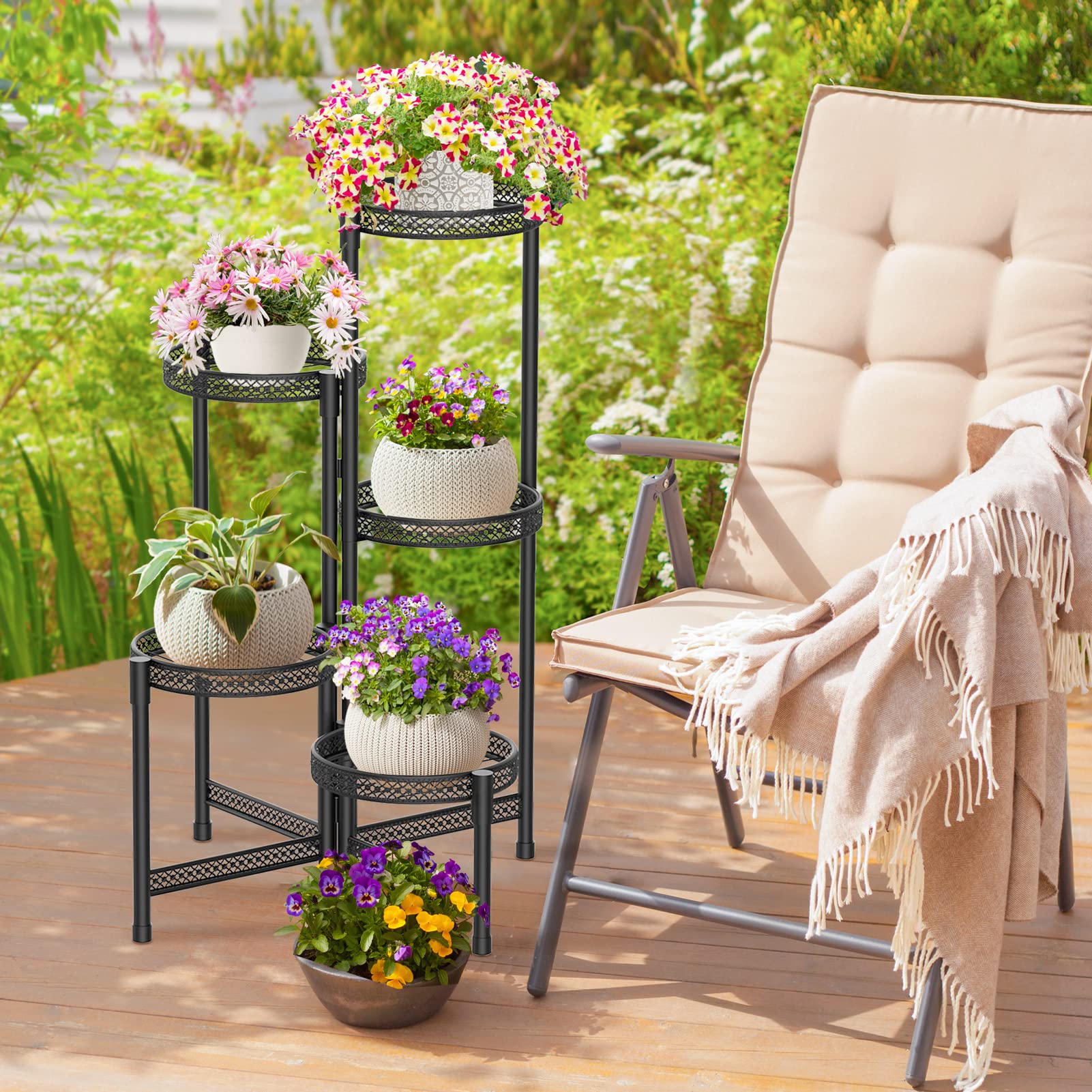 iDavosic.ly 5 Tier Metal Plant Stand for Indoor Outdoor, Foldable Corner Tall Plant Shelf Display Stand for Multiple Plants, Wrought Iron Flower Pot Holder for Living Room Balcony Garden Patio