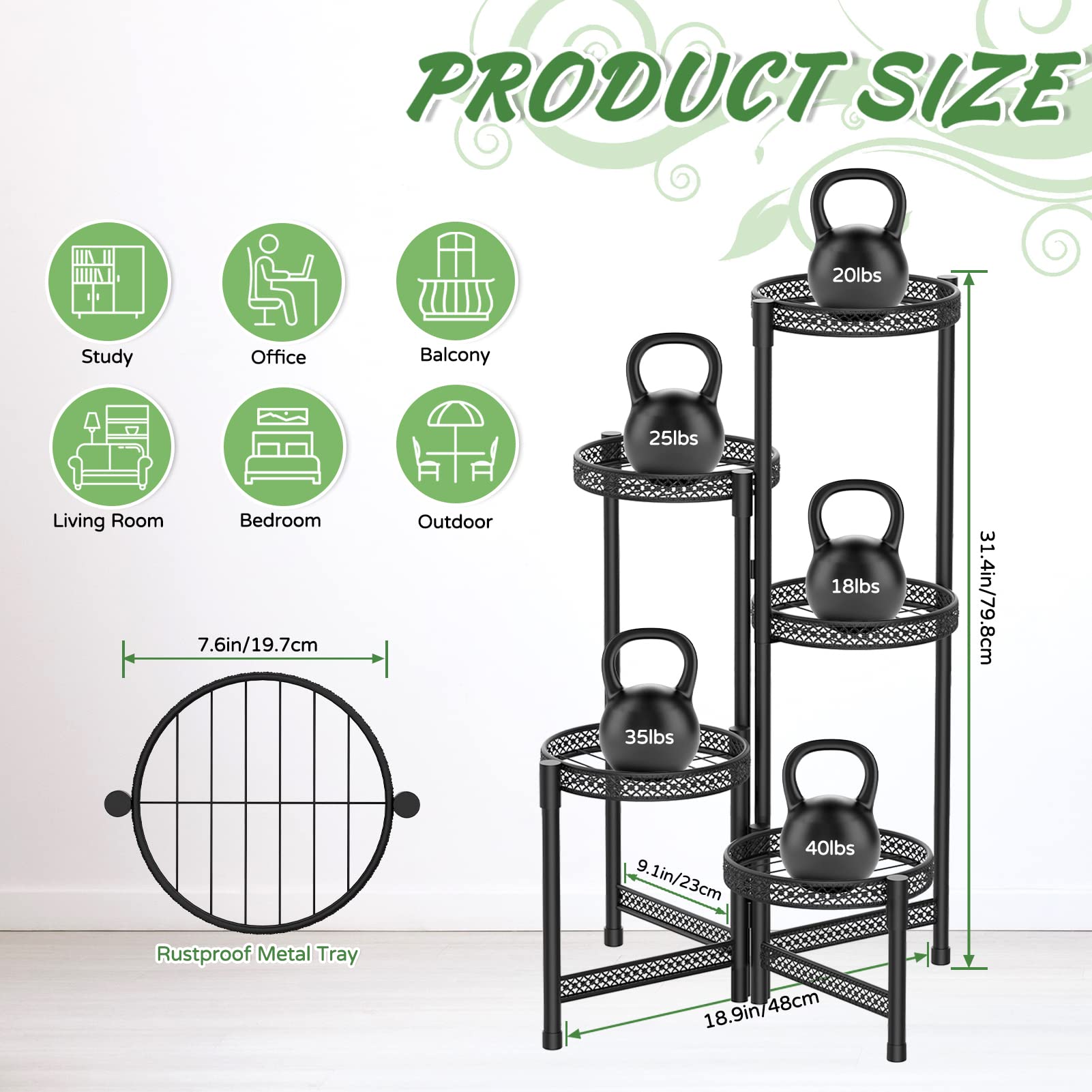 iDavosic.ly 5 Tier Metal Plant Stand for Indoor Outdoor, Foldable Corner Tall Plant Shelf Display Stand for Multiple Plants, Wrought Iron Flower Pot Holder for Living Room Balcony Garden Patio