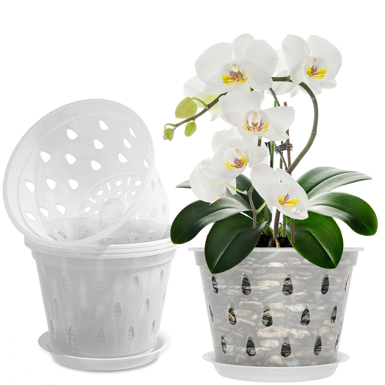 Kecio 4 Pack Clear Plastic Orchid Pots with Holes and Saucers, 7 Inch, Suitable for Indoor and Outdoor Use