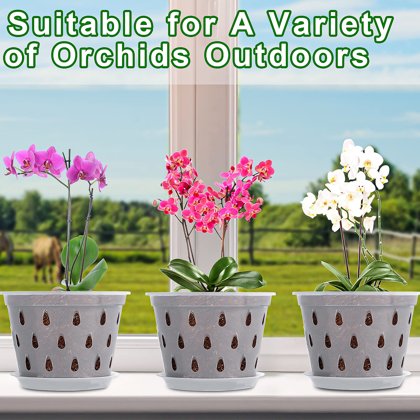 Kecio 4 Pack Clear Plastic Orchid Pots with Holes and Saucers, 7 Inch, Suitable for Indoor and Outdoor Use