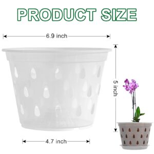 Kecio 4 Pack Clear Plastic Orchid Pots with Holes and Saucers, 7 Inch, Suitable for Indoor and Outdoor Use