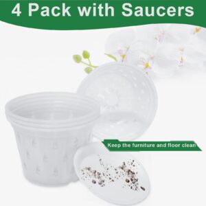 Kecio 4 Pack Clear Plastic Orchid Pots with Holes and Saucers, 7 Inch, Suitable for Indoor and Outdoor Use