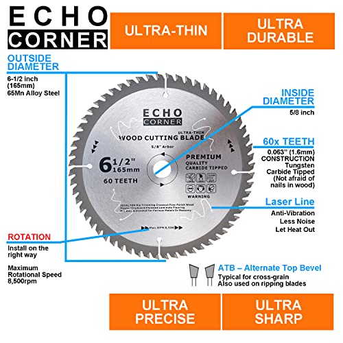 Echo Corner 6-1/2 Inch Circular Saw Blade for Wood Cutting, Ultra Fine-Finish 60-Tooth Fast Framing Trimming Crosscut Rip Hardwood Softwood Laminate Veneered Plywood MDF, 5/8" Arbor