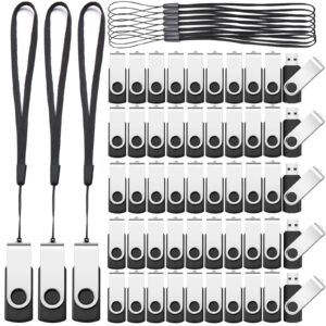 aoriher 50 pack usb 2.0 flash drives bulk, portable usb thumb drives with lanyards, swivel flash drives thumb drives for office school data storage (black, silver, 2gb)