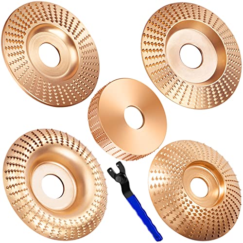 Tanzfrosch (Upgraded) 5PCS Wood Carving Disc Set with Universal Grinder Wrench for 4" or 4 1/2" Angle Grinder with 5/8" Arbor, Wood Shaping Disc Grinder Cutting Wheel Grinding Disk Attachments