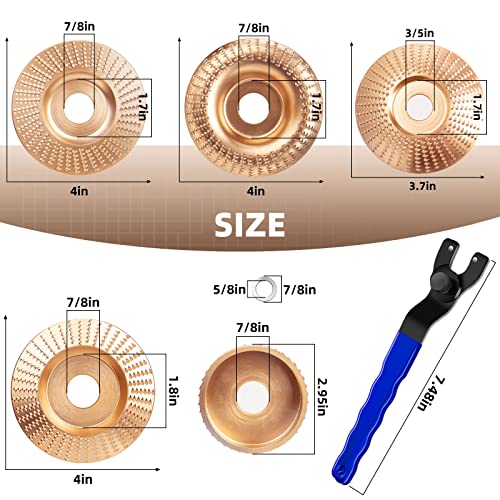 Tanzfrosch (Upgraded) 5PCS Wood Carving Disc Set with Universal Grinder Wrench for 4" or 4 1/2" Angle Grinder with 5/8" Arbor, Wood Shaping Disc Grinder Cutting Wheel Grinding Disk Attachments