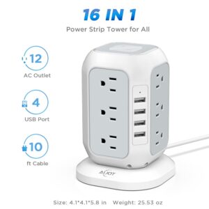 Power Strip Tower with USB Ports-AiJoy Surge Protector with 12 AC Outlet and 4 USB Ports, 10 FT Extension Cord, USB Charging Station with Overload Protection, Living Room, Office, College Dorm