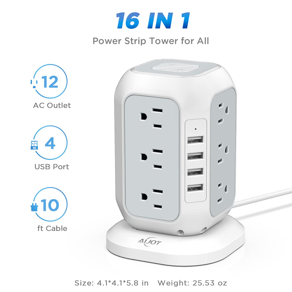 Power Strip Tower with USB Ports-AiJoy Surge Protector with 12 AC Outlet and 4 USB Ports, 10 FT Extension Cord, USB Charging Station with Overload Protection, Living Room, Office, College Dorm