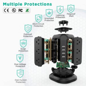 Power Strip Tower with USB Ports-AiJoy Surge Protector with 12 AC Outlet and 4 USB Ports, 10 FT Extension Cord, USB Charging Station with Overload Protection, Living Room, Office, College Dorm