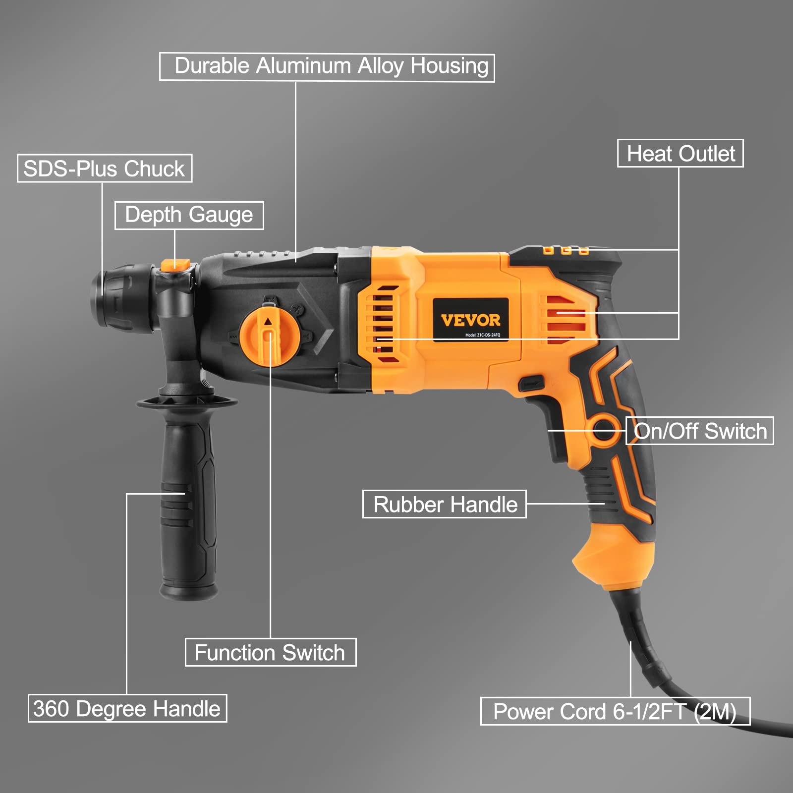 VEVOR 1 Inch SDS-Plus Rotary Hammer Drill, 8 Amp Corded Drills, Heavy Duty Chipping Hammers w/Safety Clutch, Electric Demolition Hammers, Taladro Rotomartillo, Power Tool For Concrete