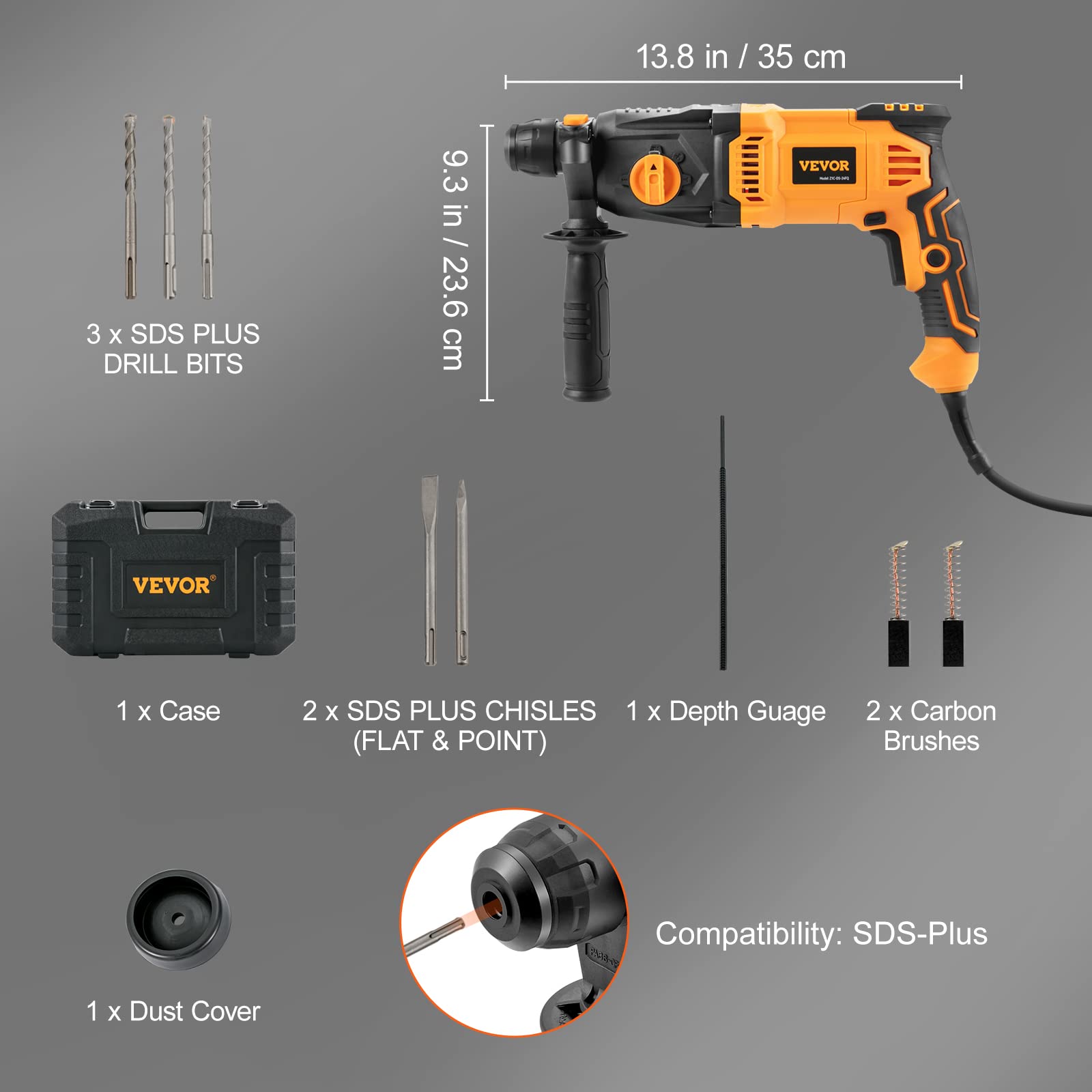 VEVOR 1 Inch SDS-Plus Rotary Hammer Drill, 8 Amp Corded Drills, Heavy Duty Chipping Hammers w/Safety Clutch, Electric Demolition Hammers, Taladro Rotomartillo, Power Tool For Concrete