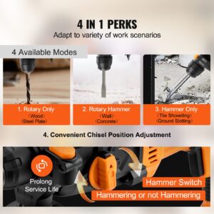 VEVOR 1 Inch SDS-Plus Rotary Hammer Drill, 8 Amp Corded Drills, Heavy Duty Chipping Hammers w/Safety Clutch, Electric Demolition Hammers, Taladro Rotomartillo, Power Tool For Concrete