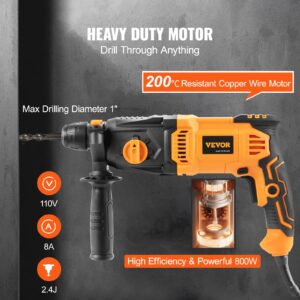 VEVOR 1 Inch SDS-Plus Rotary Hammer Drill, 8 Amp Corded Drills, Heavy Duty Chipping Hammers w/Safety Clutch, Electric Demolition Hammers, Taladro Rotomartillo, Power Tool For Concrete