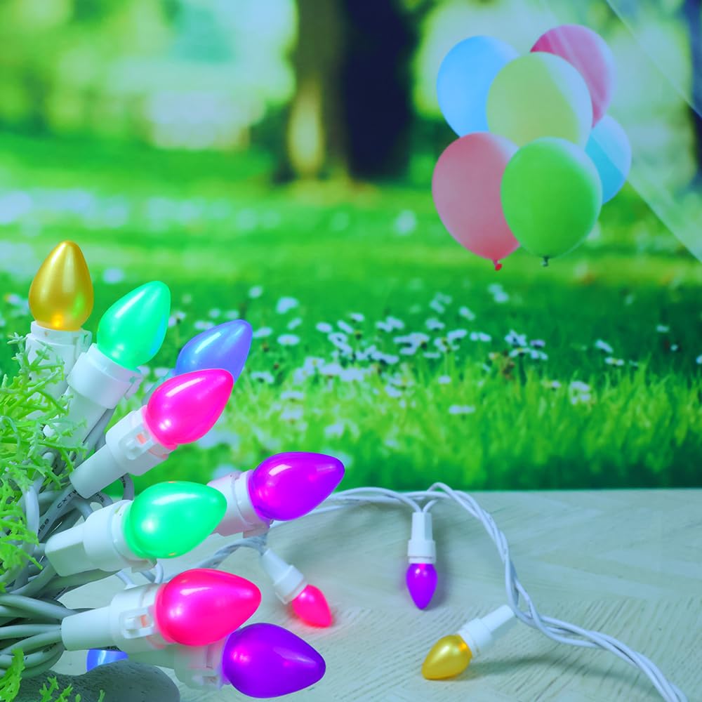 Solduce Easter String Lights LED Multi Color Glass C3 Lights 50 Count Easter Pastel Light 120V UL Certified Connectable Outdoor String Light White Wire for Party Patio Home