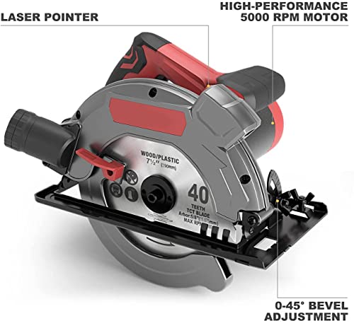 Circular Saw, 3M Corded Skill Saw with Laser Guide, 1500W Power Electric Saws, 5000 RPM with 2 Circular Saw Blades(24T for Wood Cutting, 40T for Metal Cutting)