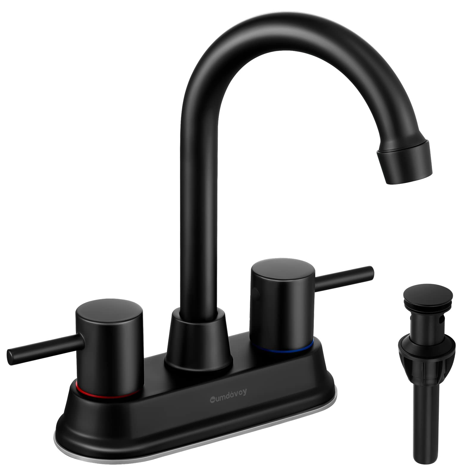 4 Inch Centerset Black Bathroom Faucet, 2 Handle Lead-Free Faucet for Bathroom Sink 2~3 Hole,360 Swivel Spout RV Bathroom Vanity Sink Faucet with Pop Up Drain,Matte Black