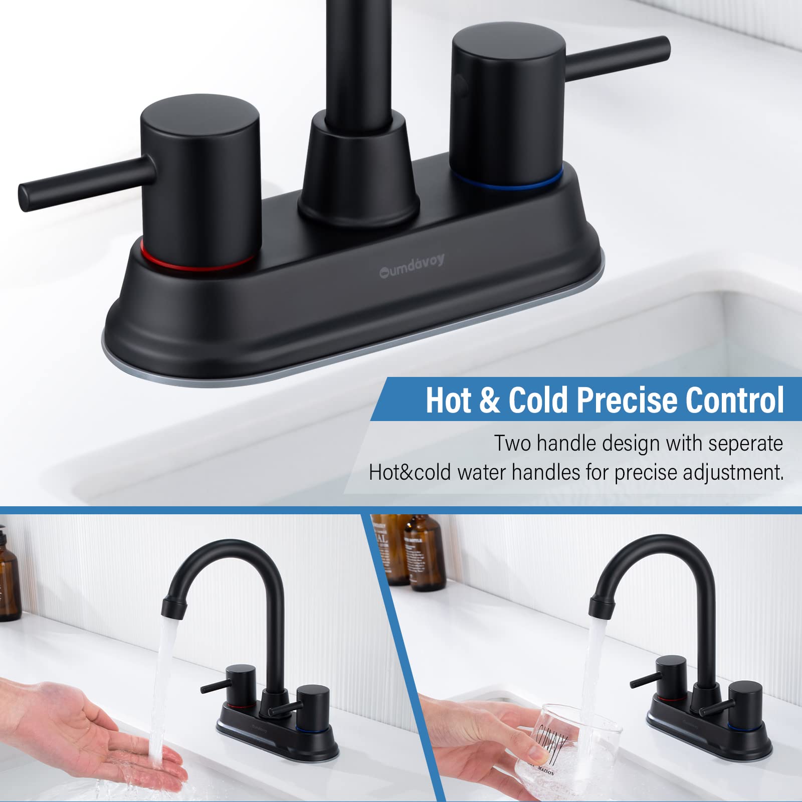 4 Inch Centerset Black Bathroom Faucet, 2 Handle Lead-Free Faucet for Bathroom Sink 2~3 Hole,360 Swivel Spout RV Bathroom Vanity Sink Faucet with Pop Up Drain,Matte Black