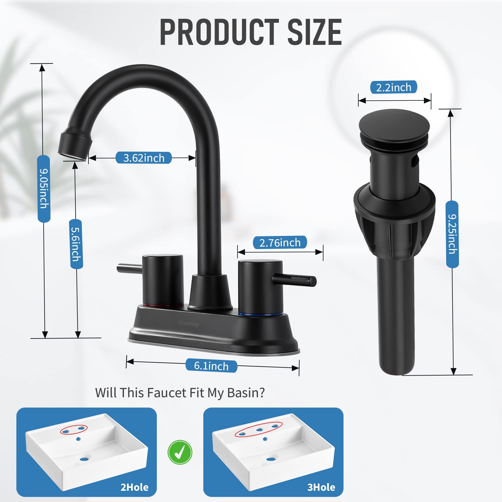 4 Inch Centerset Black Bathroom Faucet, 2 Handle Lead-Free Faucet for Bathroom Sink 2~3 Hole,360 Swivel Spout RV Bathroom Vanity Sink Faucet with Pop Up Drain,Matte Black