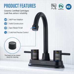 4 Inch Centerset Black Bathroom Faucet, 2 Handle Lead-Free Faucet for Bathroom Sink 2~3 Hole,360 Swivel Spout RV Bathroom Vanity Sink Faucet with Pop Up Drain,Matte Black