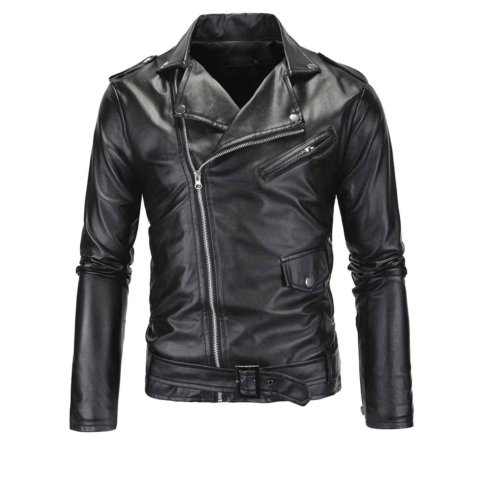 Maiyifu-GJ Men Faux Leather Motorcycle Jacket Retro Notched Lapel Pu Biker Coat Asymmetric Zipper Slim Outwear Overcoat (Black,3X-Large)