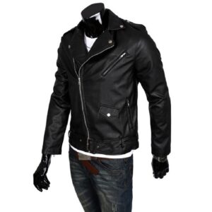 Maiyifu-GJ Men Faux Leather Motorcycle Jacket Retro Notched Lapel Pu Biker Coat Asymmetric Zipper Slim Outwear Overcoat (Black,3X-Large)