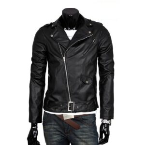 Maiyifu-GJ Men Faux Leather Motorcycle Jacket Retro Notched Lapel Pu Biker Coat Asymmetric Zipper Slim Outwear Overcoat (Black,3X-Large)