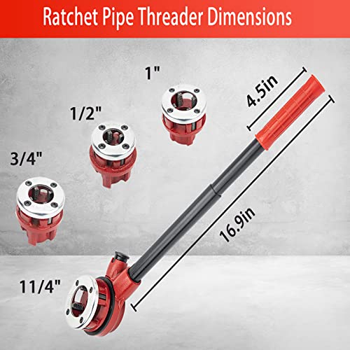 Ratchet Pipe Threader Kit, Ratcheting Pipe Threading Tool Set with 4 Dies 1/2" 3/4" 1" 1-1/4",for Professional Cutting & Pipe Threaders