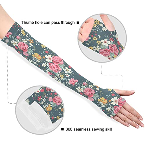 Dussdil Vintage Rose Leaves Gardening Arm Sleeves Farmers UV Sun Protection Cooling Arm Sleeves for Garden Farm Women Men with Thumb Hole