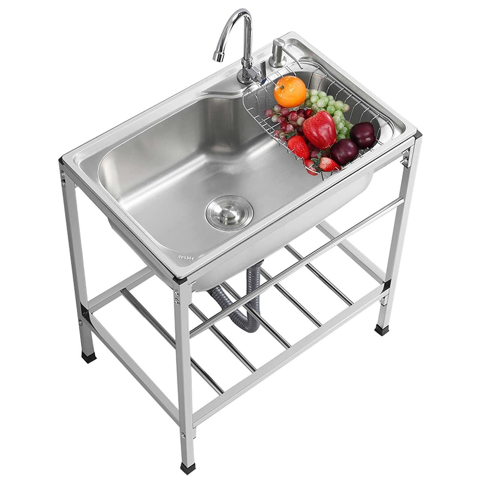 QQXX Commercial Kitchen Sink Single Bowl,Free Standing Stainless Steel Sink Set with Water Faucet,Utility Outdoor Sink for Washing,Heavy Duty Restaurant Sink for Laundry Backyard Home