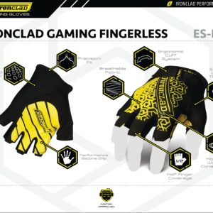 Ironclad Gaming Gloves, Half Finger Coverage, Precision Fit, Performance Silicone Grip, Moisture Wicking Construction, Yellow and Black, Large, 1 Pair