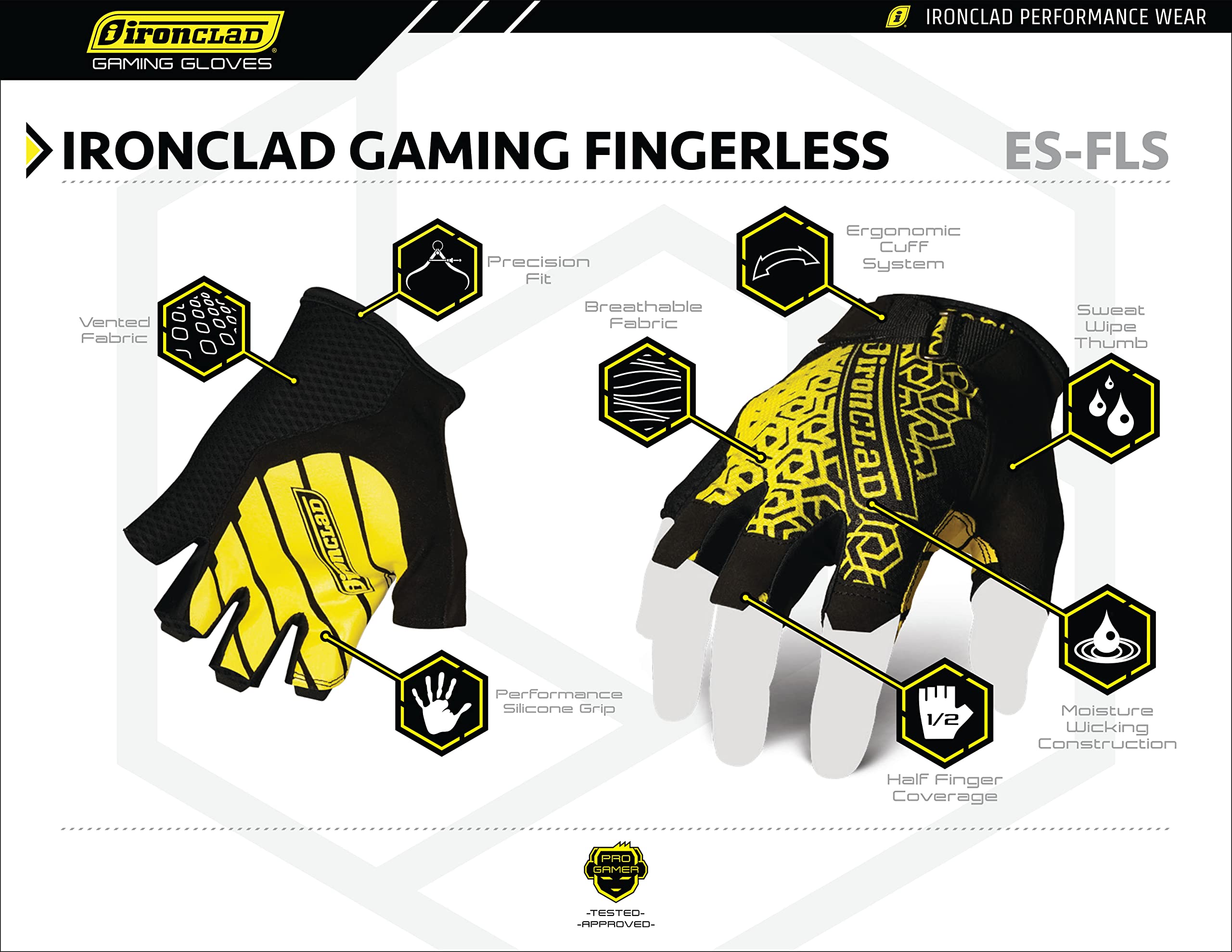 Ironclad Gaming Gloves, Half Finger Coverage, Precision Fit, Performance Silicone Grip, Moisture Wicking Construction, Yellow and Black, Large, 1 Pair